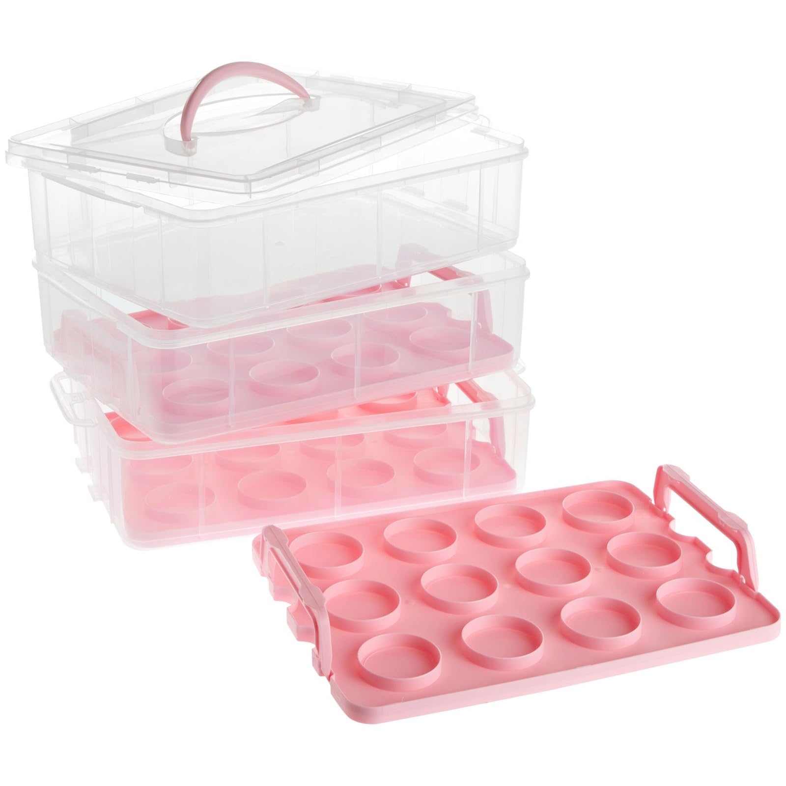 3 Tier Cupcake Carrier with Lid and Handle, Holds 36 Cupcakes (Pink, 13.5 x 10.25 x 10.75 In)