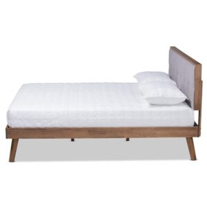 Baxton Studio Alke Mid-Century Modern Light Grey Fabric Upholstered Walnut Brown Finished Wood Queen Size Platform Bed