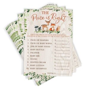 printed party baby shower games – the price is right game for boy or girl, woodland forest animals theme, 50 cards