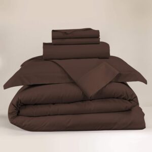 Nestl Duvet Cover 6-Piece Set - Tri-Blend Cotton Deep Pocket Fitted Sheet, Zipper Duvet Cover, 2 Cool Pillow Cases, 2 Pillow Shams - Queen, Chocolate Brown