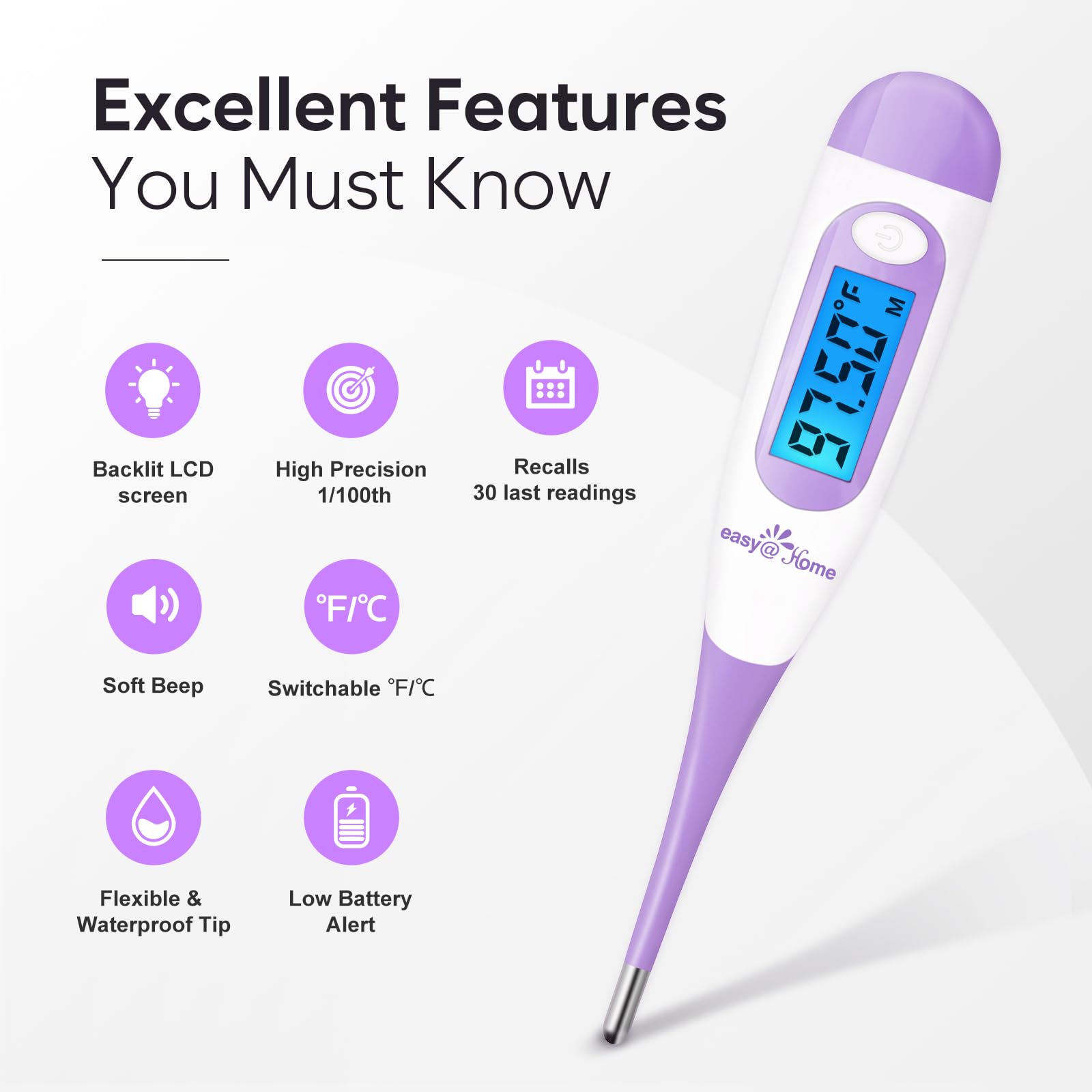 Easy@Home Digital Basal Thermometer with Large Backlight LCD Display, 1/100th Degree High Precision and Memory Recall, NOT Bluetooth Enabled,Upgraded EBT-100B-P (Purple)