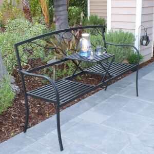 alpine corporation alpine metal garden outdoor bench with retractable table vtfam114, black