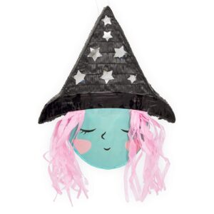 Cute Witch Pinata for Halloween Party Supplies Decorations, Silver Foil Stars Hat with Pink Hair (16 x 13 x 3 in)