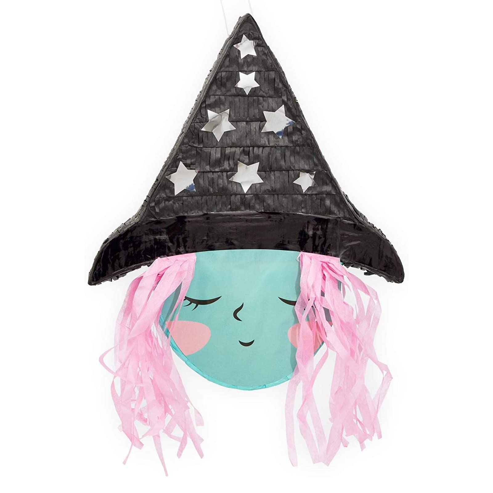 Cute Witch Pinata for Halloween Party Supplies Decorations, Silver Foil Stars Hat with Pink Hair (16 x 13 x 3 in)