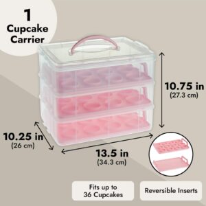 3 Tier Cupcake Carrier with Lid and Handle, Holds 36 Cupcakes (Pink, 13.5 x 10.25 x 10.75 In)