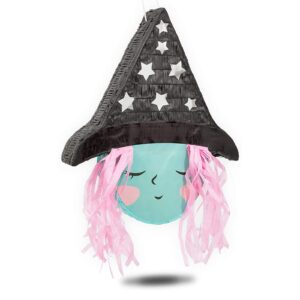 cute witch pinata for halloween party supplies decorations, silver foil stars hat with pink hair (16 x 13 x 3 in)