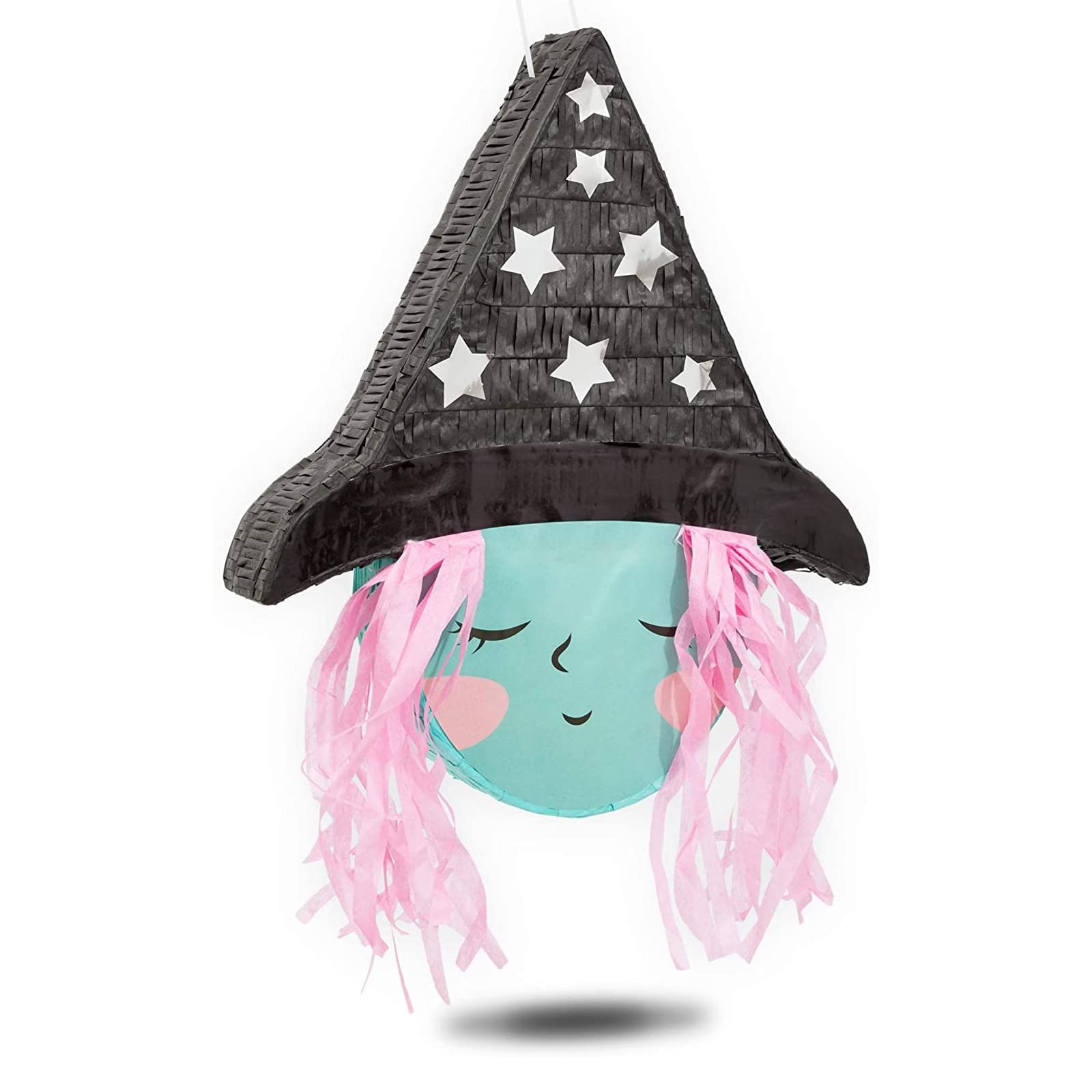 Cute Witch Pinata for Halloween Party Supplies Decorations, Silver Foil Stars Hat with Pink Hair (16 x 13 x 3 in)