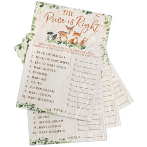 Printed Party Baby Shower Games – The Price is Right Game for Boy or Girl, Woodland Forest Animals Theme, 50 Cards