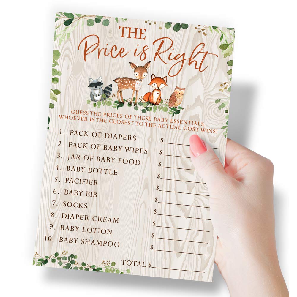 Printed Party Baby Shower Games – The Price is Right Game for Boy or Girl, Woodland Forest Animals Theme, 50 Cards