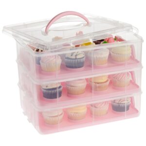 3 tier cupcake carrier with lid and handle, holds 36 cupcakes (pink, 13.5 x 10.25 x 10.75 in)