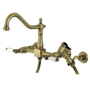 kingston brass ks1243plbs heritage bridge kitchen faucet, antique brass