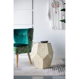 A&B Home Hexagonal Capiz Stool Hexagonal Capiz Accent Table Perfect Inaly Capiz Home Decor for Home and Office-Cream Finish 18X18X21 Inch