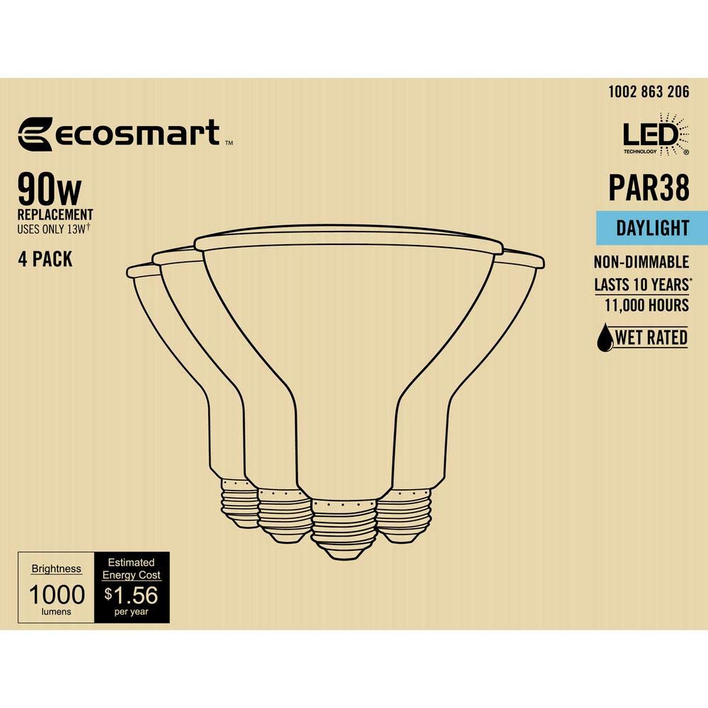 EcoSmart 90-Watt Equivalent PAR38 Non-Dimmable Flood LED Light Bulb Daylight (4-Pack)