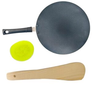 Non-Stick Chapati Concave Tawa Pan with Wooden Spatula & ScrubberConcave Griddle Tava Aluminum Black Chapati Tawa Roti Cookware Tava Pizza Crepe Pan