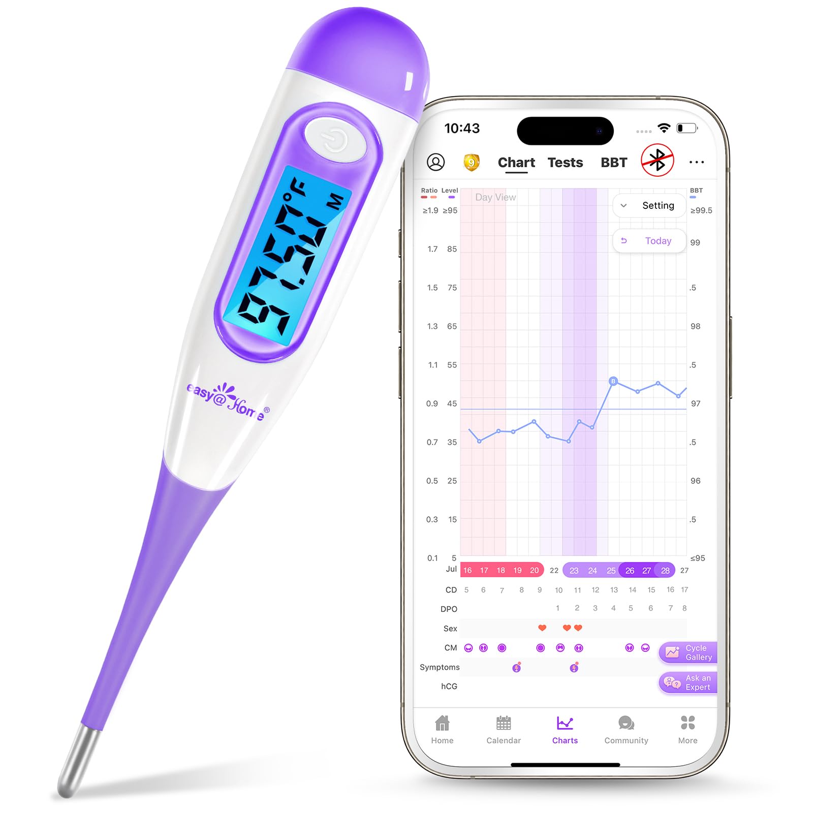 Easy@Home Digital Basal Thermometer with Large Backlight LCD Display, 1/100th Degree High Precision and Memory Recall, NOT Bluetooth Enabled,Upgraded EBT-100B-P (Purple)