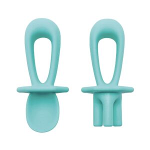 tiny twinkle silicone training utensils - baby spoons and baby forks for self-feeding training - silicone baby led weaning utensils for toddlers and babies 6-24 months - baby feeding supplies (mint)