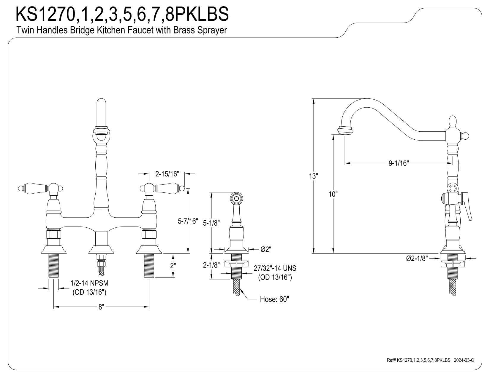 Kingston Brass KS1277PKLBS Duchess Bridge Kitchen Faucet, Brushed Brass