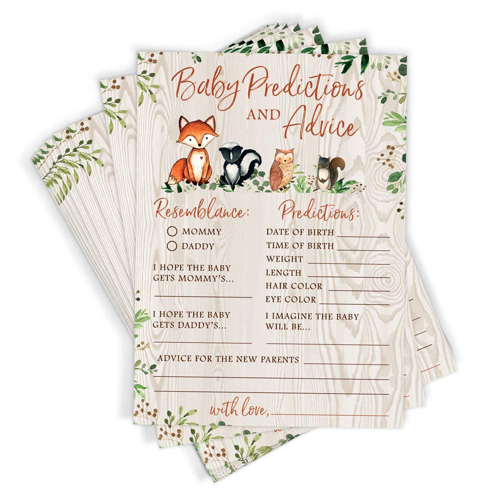 Baby Predictions & Advice for New Parents – Woodland Baby Shower Activity by Printed Party, Set of 50 Cards, Gender Neutral Forest Animals Theme