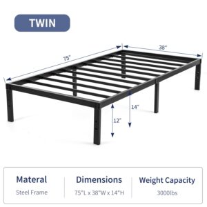 NOAH MEGATRON 14 Inch Twin Bed Frame No Box Spring Needed,3000LBS Heavy Duty Black Metal Platform for Toddler Adults,Under Storage,Noise Free,Easy Assembly