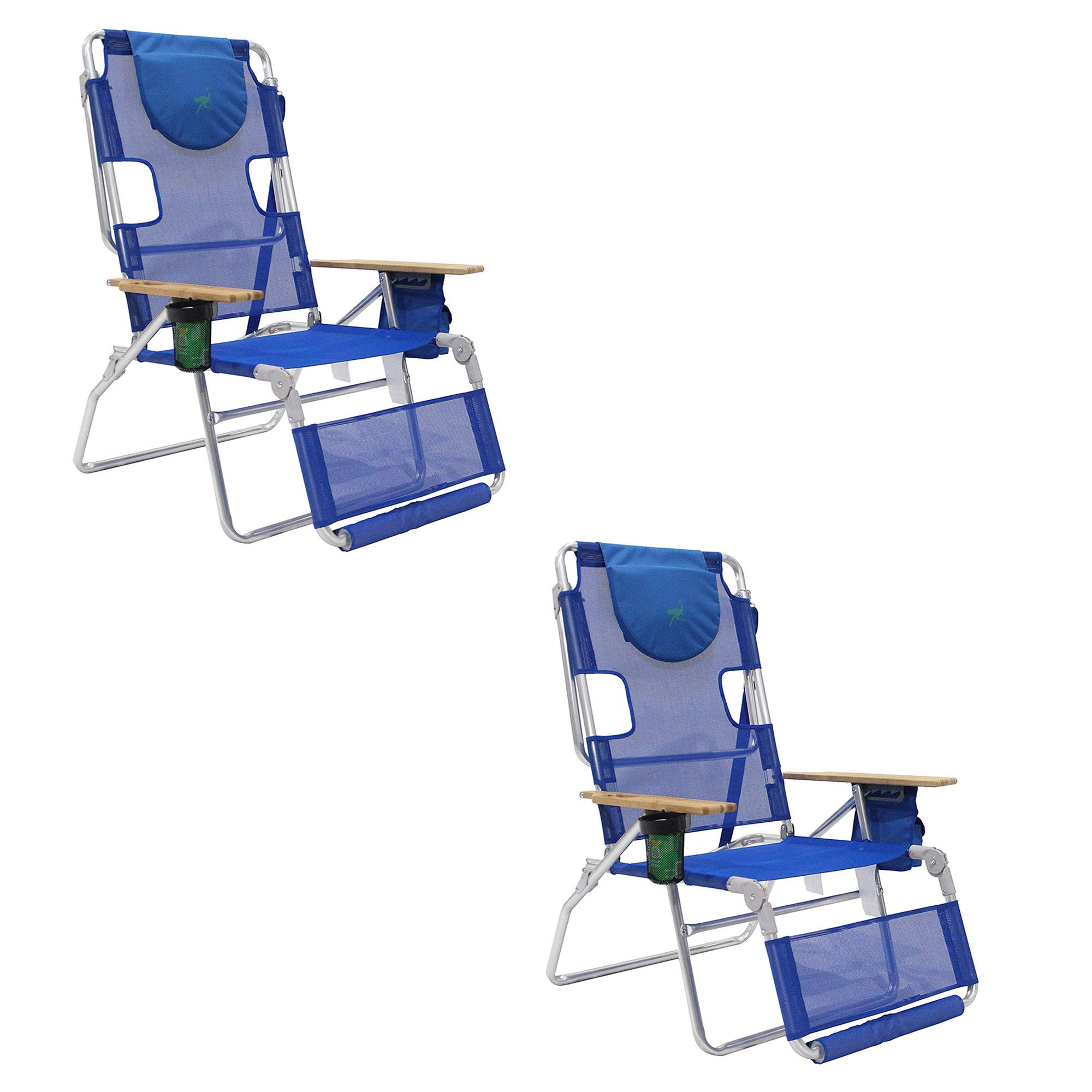 Ostrich 3-N-1 Lightweight Comfortable Altitude Outdoor Lounge Reclining 16-Inch Tall Beach Chair, Blue (2 Pack)