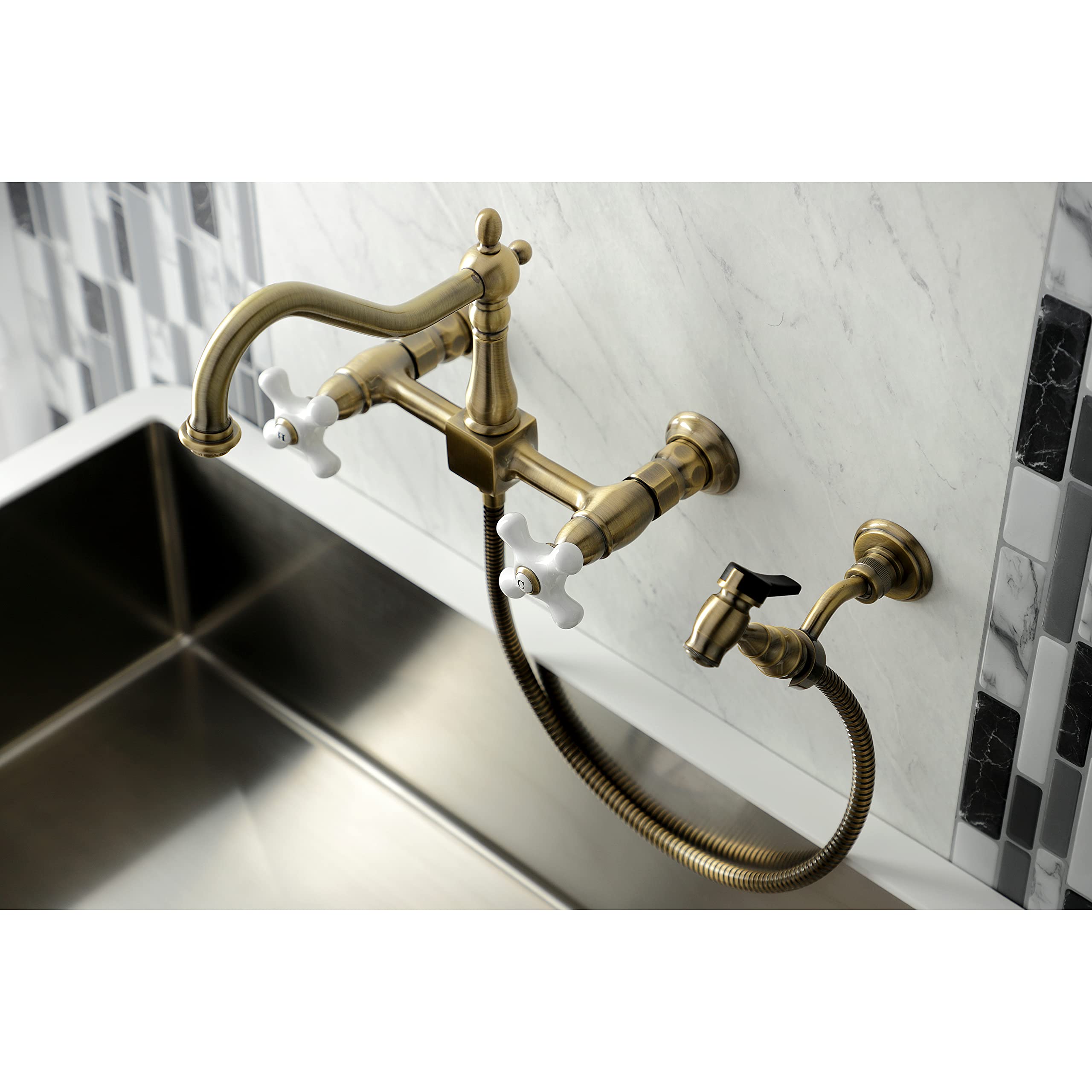 Kingston Brass KS1243PXBS Heritage Wall Mount Bridge Kitchen Faucet with Brass Sprayer, Polished Chrome