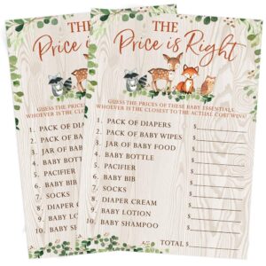 Printed Party Baby Shower Games – The Price is Right Game for Boy or Girl, Woodland Forest Animals Theme, 50 Cards