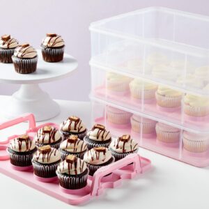 3 Tier Cupcake Carrier with Lid and Handle, Holds 36 Cupcakes (Pink, 13.5 x 10.25 x 10.75 In)