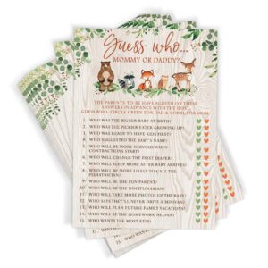 printed party baby shower games – guess who mommy or daddy game for boy or girl, woodland forest animals theme, 50 cards