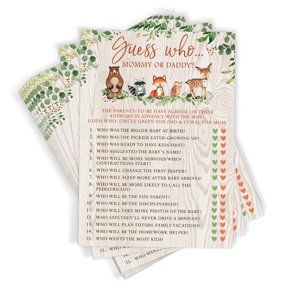 Printed Party Baby Shower Games – Guess Who Mommy or Daddy Game for Boy or Girl, Woodland Forest Animals Theme, 50 Cards