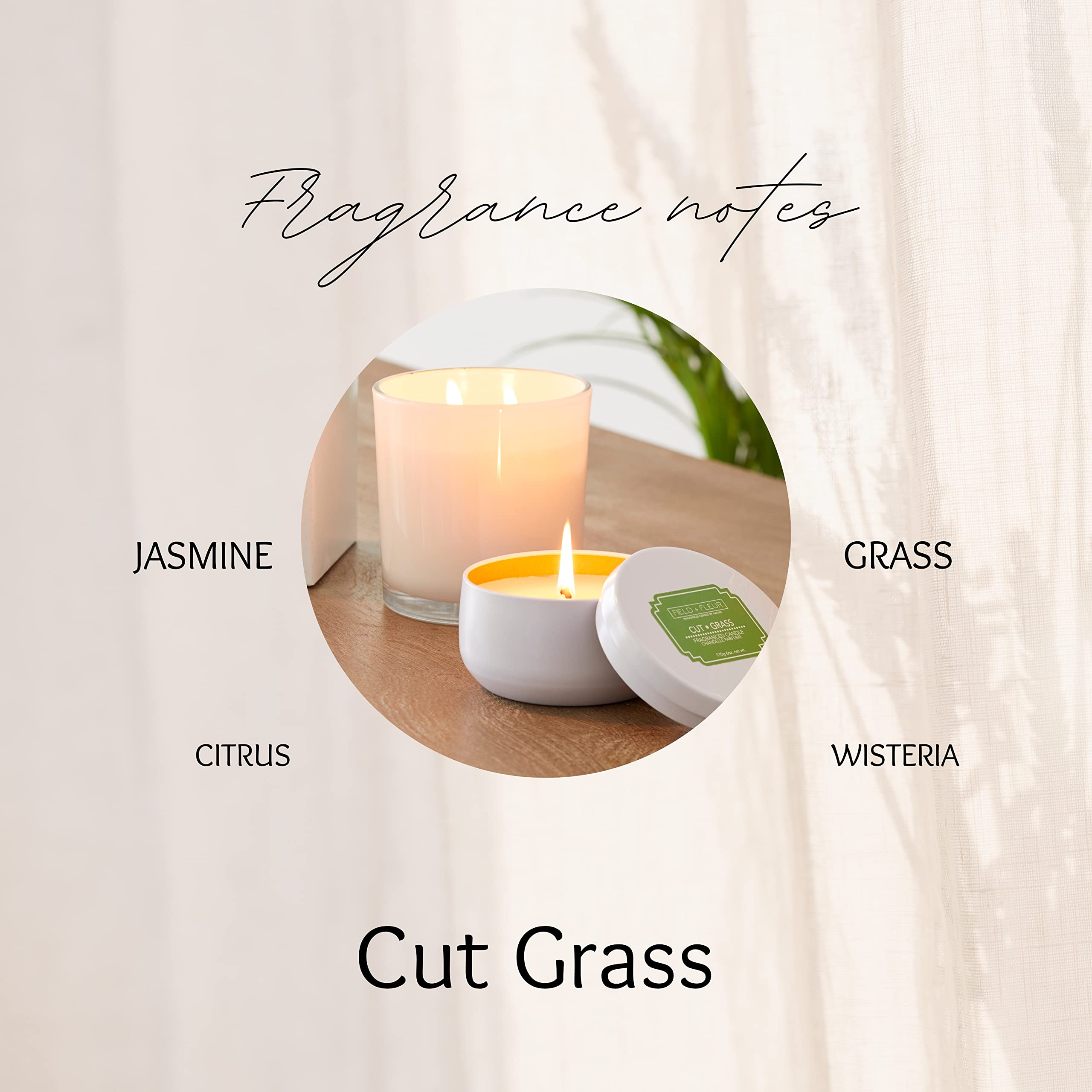 Field + Fleur by Hillhouse Naturals Cut Grass 2 Wick Woven Glass Candle Clover and Green Grass, This Fragrance finishes with Fresh-Cut Wisteria and jasmine-100% Soy Wax Blend Burn time 75+ Hours