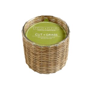 field + fleur by hillhouse naturals cut grass 2 wick woven glass candle clover and green grass, this fragrance finishes with fresh-cut wisteria and jasmine-100% soy wax blend burn time 75+ hours