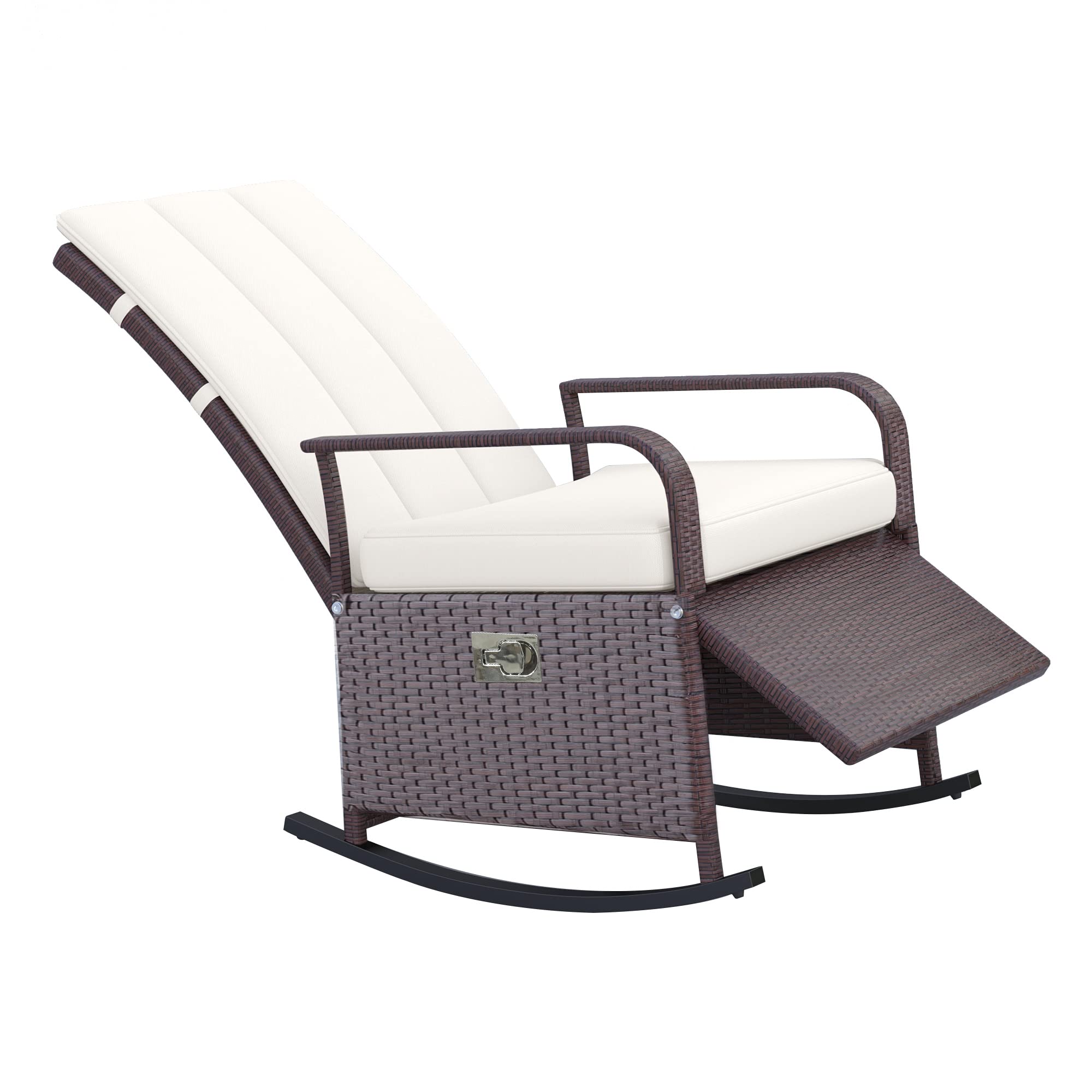 Outsunny Outdoor Rattan Rocking Chair Patio Recliner with Soft Cushions, Adjustable Footrest, Max. 135 Degree Backrest, PE Wicker, Beige