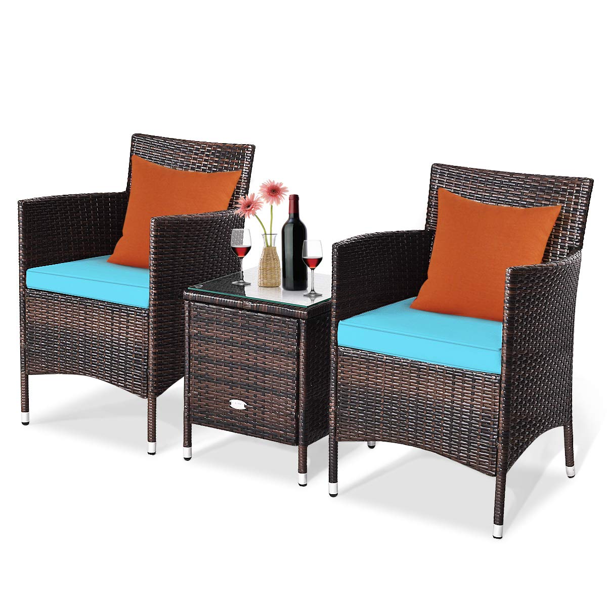 Tangkula Patio Furniture Set 3 Piece, Outdoor Wicker Rattan Conversation Set with Coffee Table, Chairs & Thick Cushions, Suitable for Patio Garden Lawn Backyard Pool