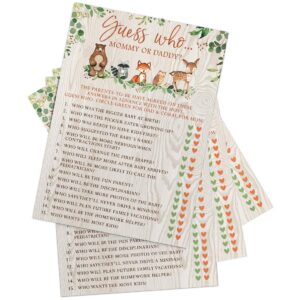 Printed Party Baby Shower Games – Guess Who Mommy or Daddy Game for Boy or Girl, Woodland Forest Animals Theme, 50 Cards