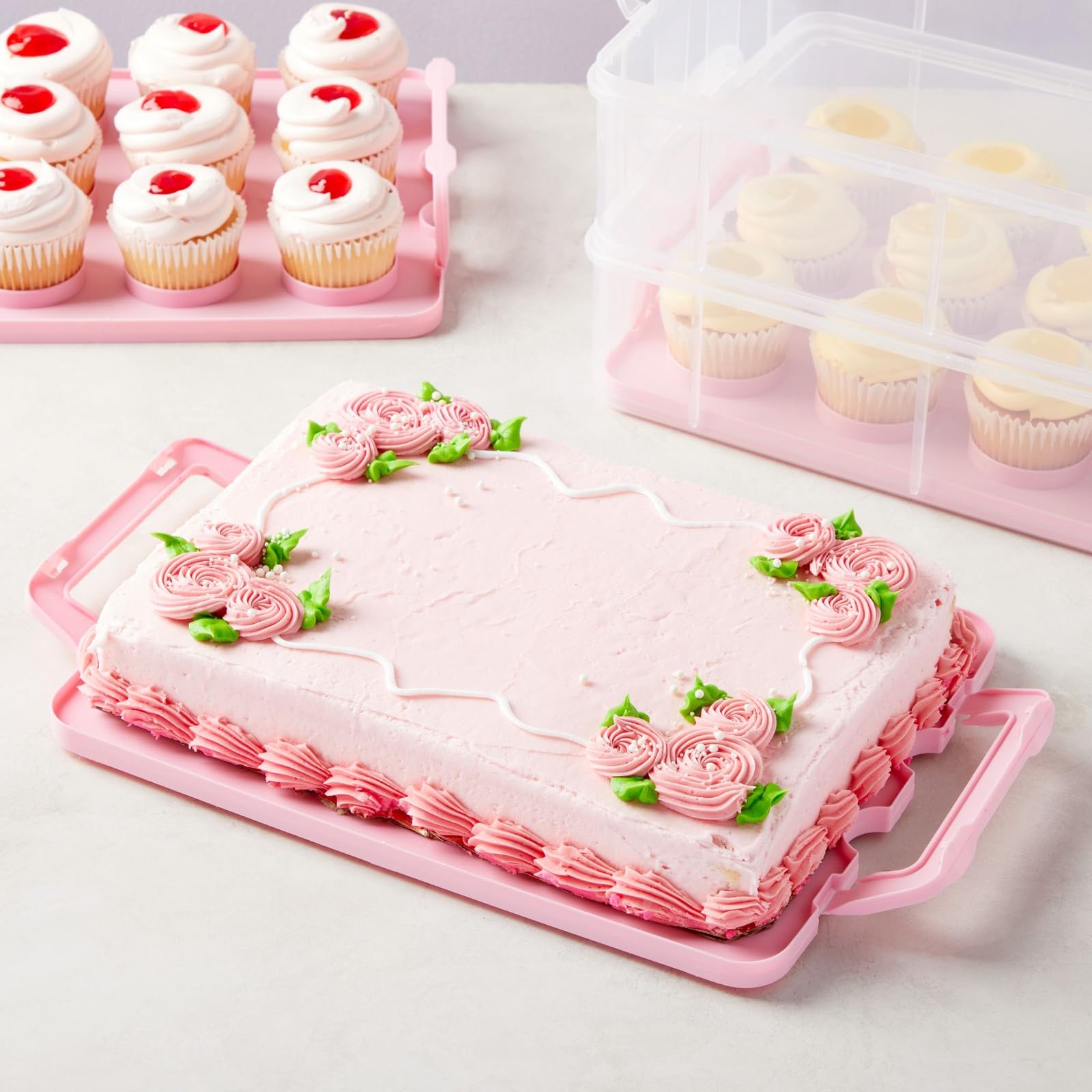 3 Tier Cupcake Carrier with Lid and Handle, Holds 36 Cupcakes (Pink, 13.5 x 10.25 x 10.75 In)