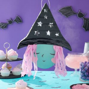 Cute Witch Pinata for Halloween Party Supplies Decorations, Silver Foil Stars Hat with Pink Hair (16 x 13 x 3 in)