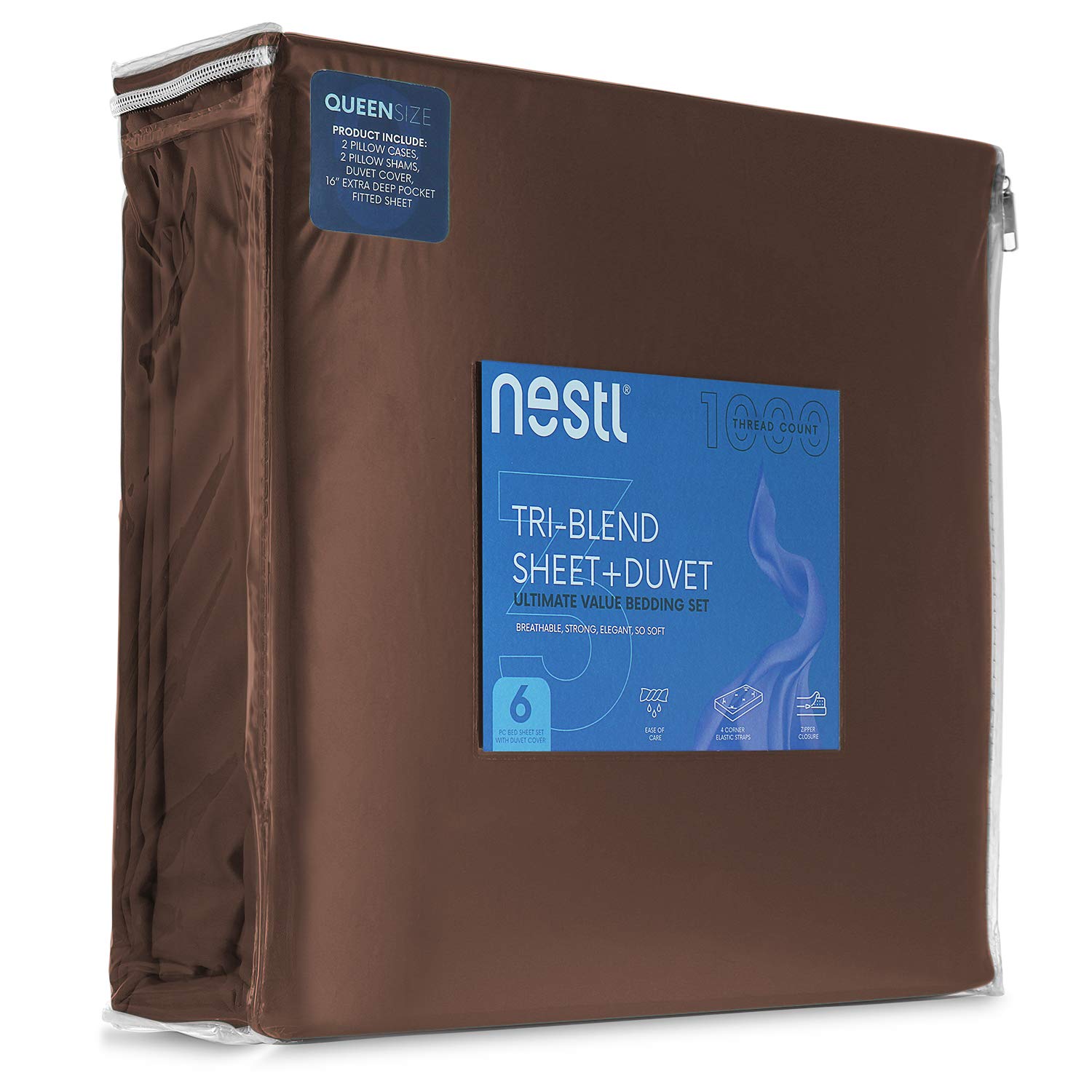 Nestl Duvet Cover 6-Piece Set - Tri-Blend Cotton Deep Pocket Fitted Sheet, Zipper Duvet Cover, 2 Cool Pillow Cases, 2 Pillow Shams - Queen, Chocolate Brown