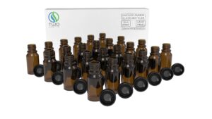 vinevida essential oil bottles - a set of 24 amber glass bottles for essential oils, aromatherapy, perfume samples, mini 10 ml glass vials with cap and dropper | complete carrier oil