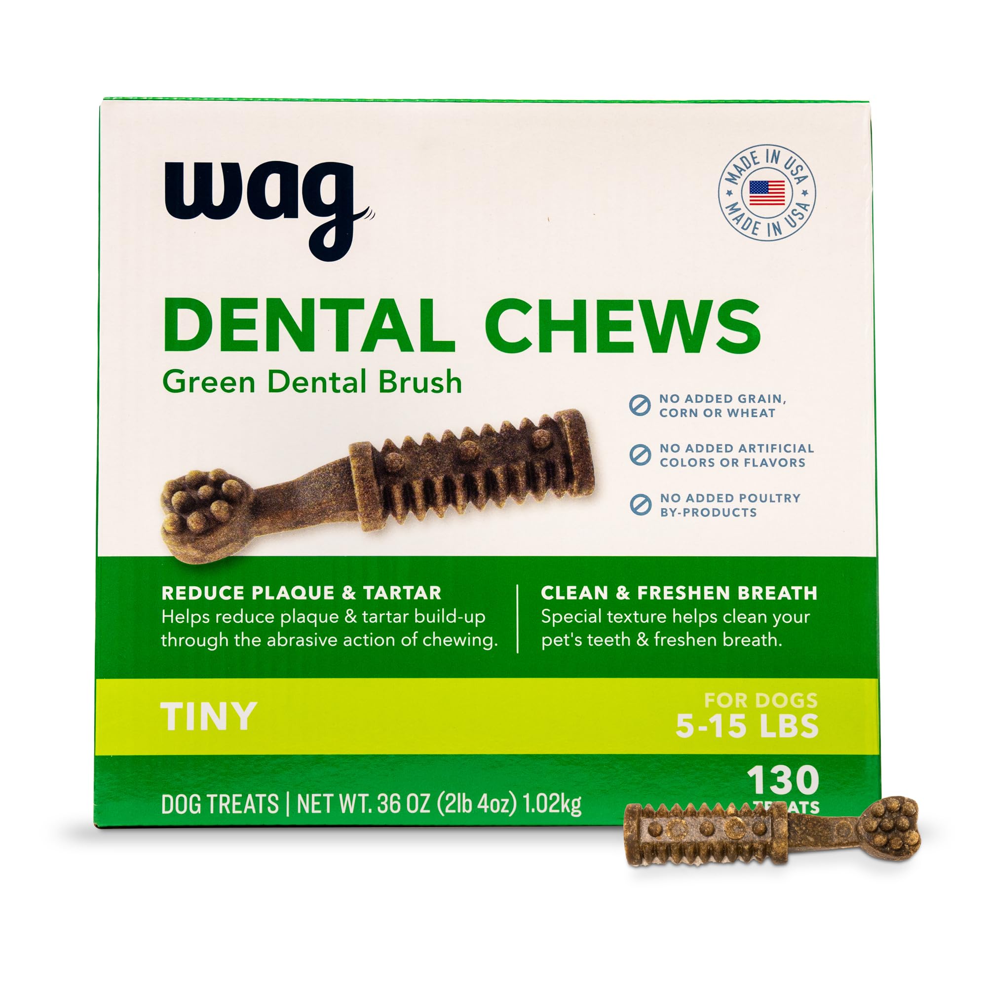 Amazon Brand - Wag Dental Dog Treats to Help Clean Teeth & Freshen Breath - Tiny, Unflavored, 2.25 pounds, 130 Count (Pack of 1)