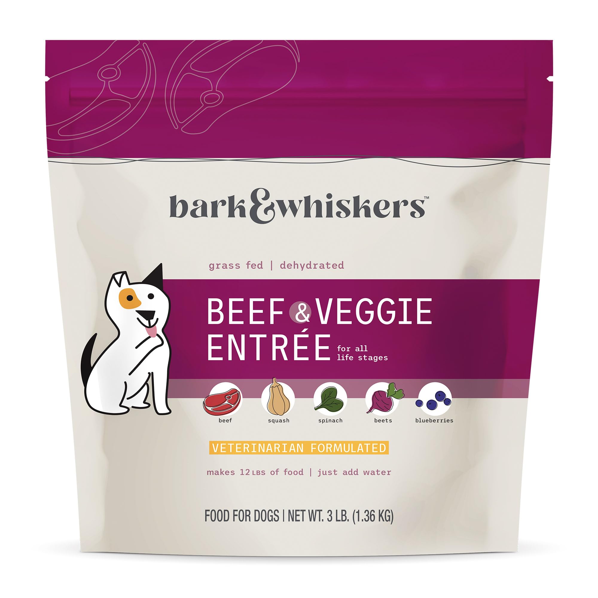 Dr. Mercola Bark & Whiskers Dehydrated Beef and Veggie Entrée, 3 lb., Makes 12 lbs. of Food for Dogs, Digestive Support, Vet Formulated, Non-GMO