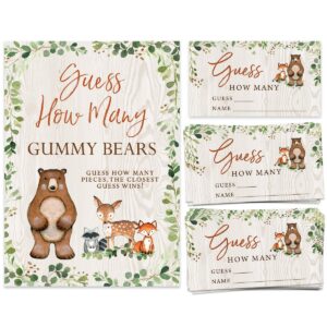 printed party baby shower games – guess how many candy jar game, woodland forest animals theme, 50 cards & sign