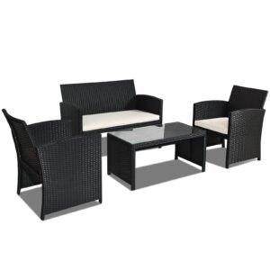 goplus 4-piece rattan patio furniture set, outdoor wicker conversation sofa with weather resistant cushions and tempered glass tabletop for lawn backyard pool garden (white(black wicker))