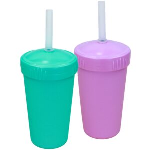 re-play made in usa 2 pack straw cups for toddlers, 10 oz. - reusable kids cups with straws and lids, dishwasher/microwave safe - toddler cups with straws 3.13" x 5.5", aqua/purple