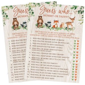 Printed Party Baby Shower Games – Guess Who Mommy or Daddy Game for Boy or Girl, Woodland Forest Animals Theme, 50 Cards