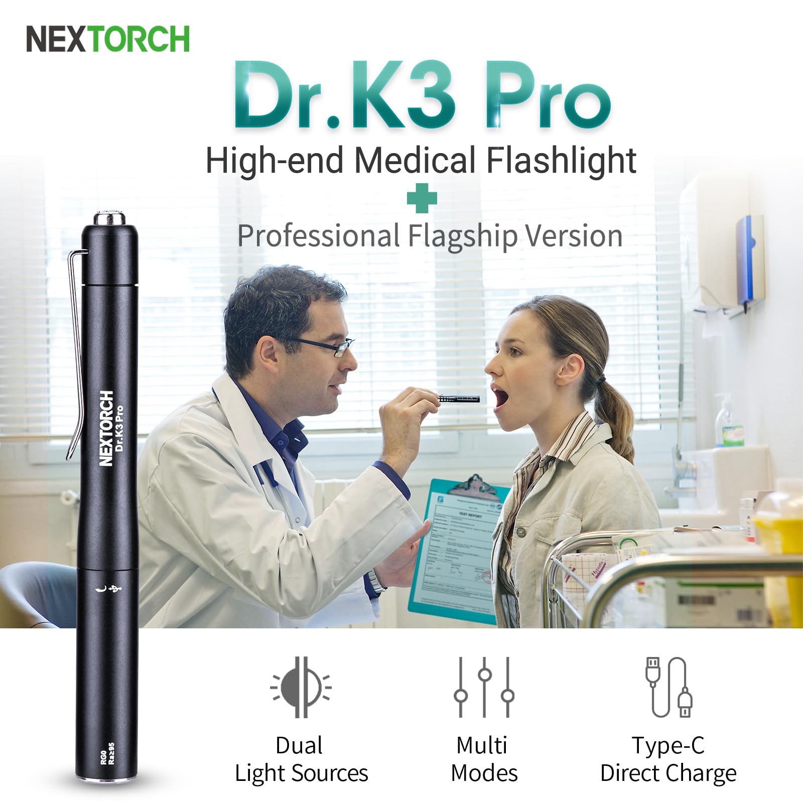 NEXTORCH Medical LED Pen Light with Pupil Gauge Nurse Penlight for Doctor Nurse Stethoscope Healthcare Nursing School Students Light Medical Equipment (Rechargeable) DR K3 PRO