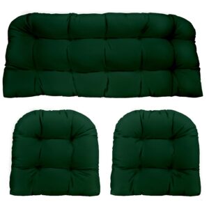 RSH DECOR: 3-Piece Wicker Tufted Cushion Set | 41” x 19" & 19" x 19" | All-Weather Spun Fabric | Water Resistant | Outdoor Loveseat & U-Shape Cushions for Patio Furniture | Hunter Green