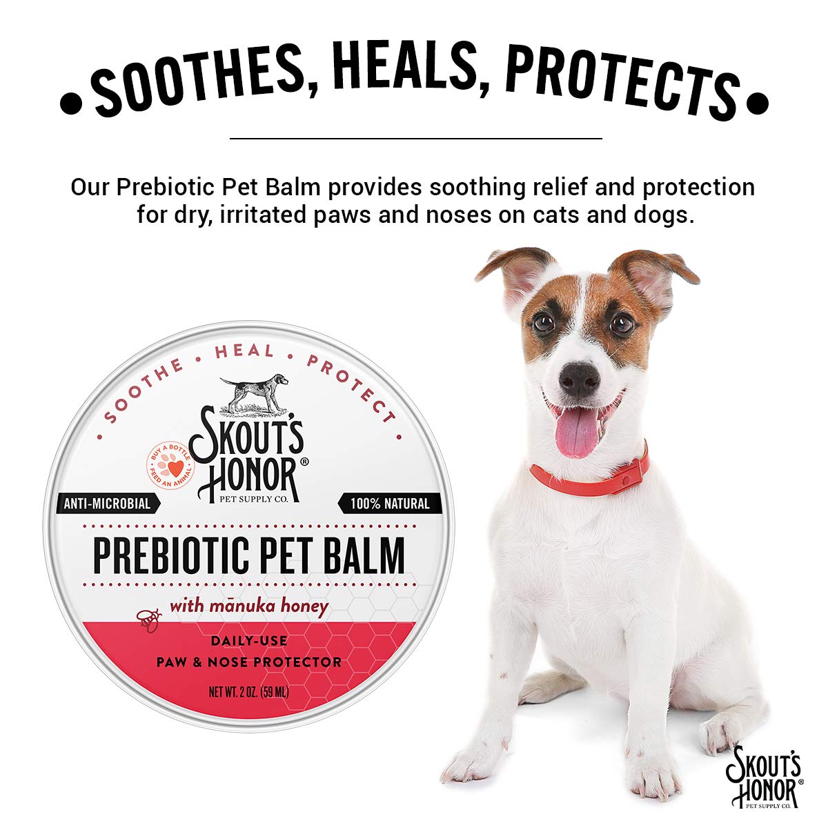 SKOUT'S HONOR Prebiotic Pet Balm - 100% Natural and Made with Manuka Honey, Soothes Dry, Itchy Paws and Noses - Safe for Cats and Dogs, 2oz