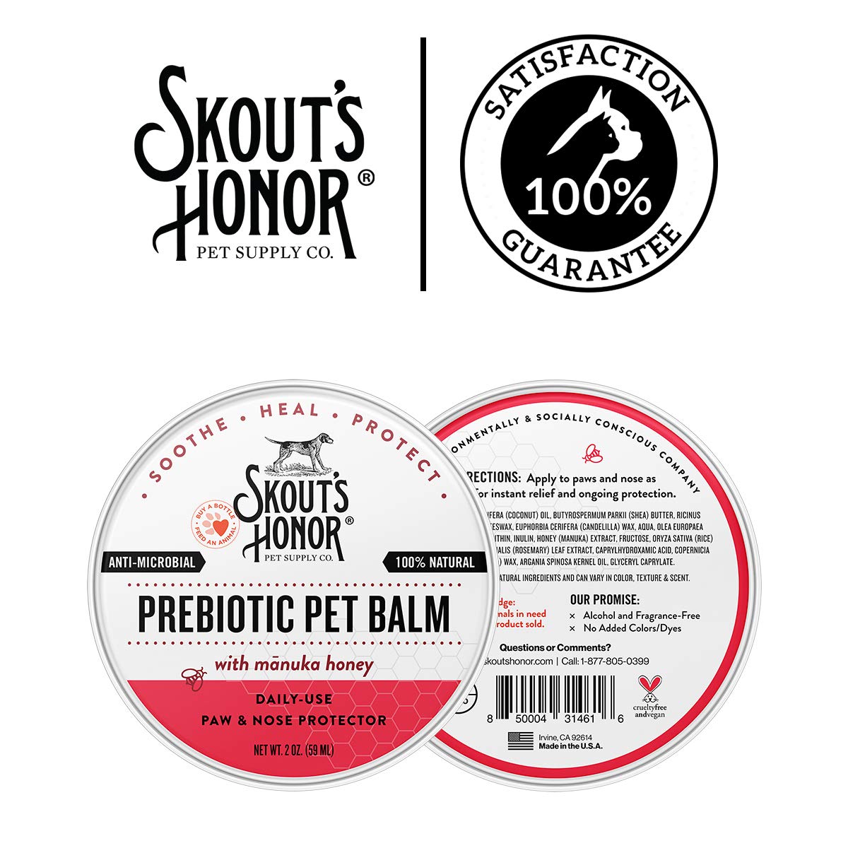 SKOUT'S HONOR Prebiotic Pet Balm - 100% Natural and Made with Manuka Honey, Soothes Dry, Itchy Paws and Noses - Safe for Cats and Dogs, 2oz