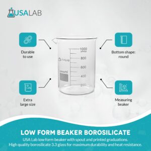 USA Lab Low Form Beakers with Extra Large Marking, 3.3 Borosilicate Glass Beaker for Chemistry Lab Test, Scientific Chemical Mixing, Multipurpose Liquid Measuring Beaker for Cocktail, Cooking, 500 ML