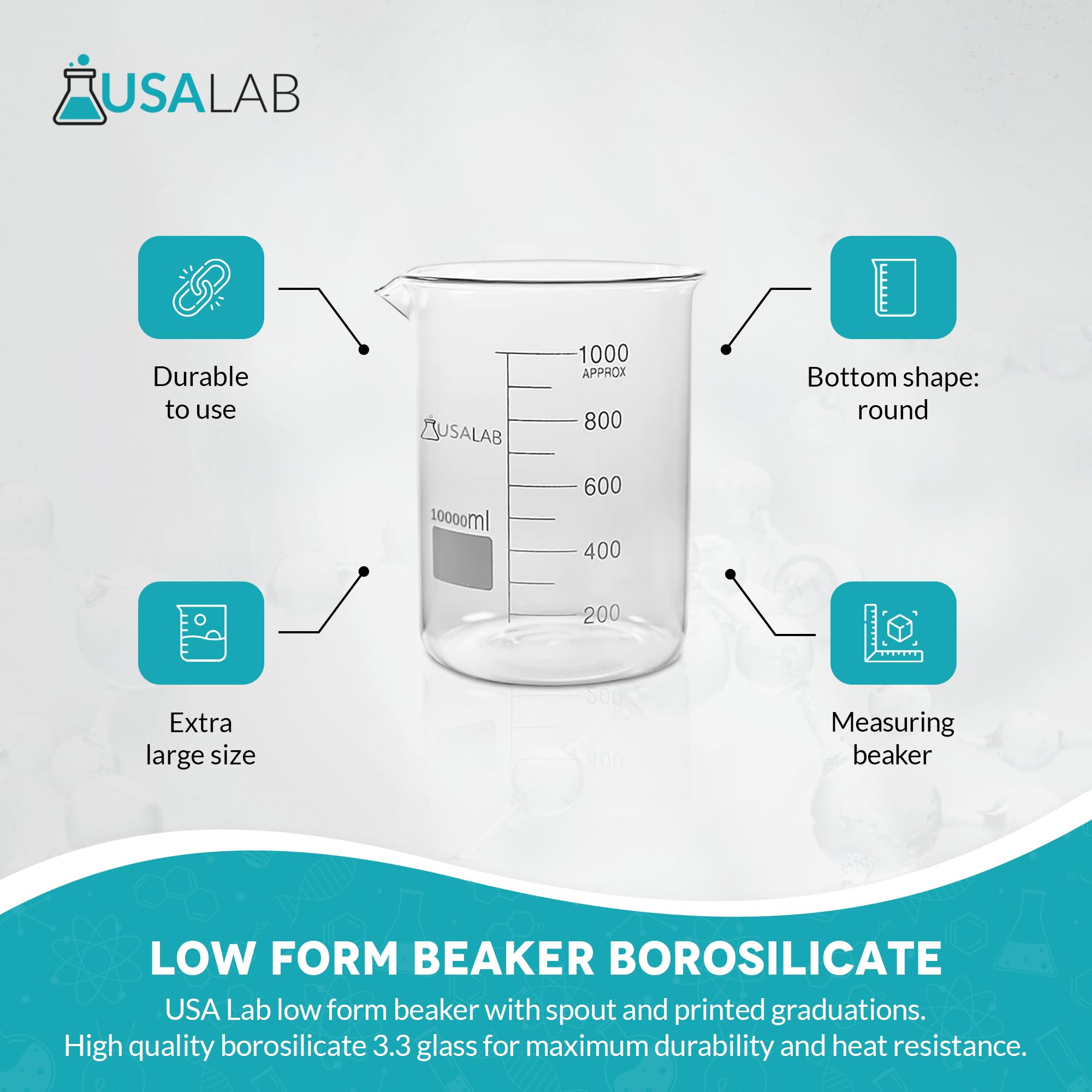 USA Lab Low Form Beakers with Extra Large Marking, 3.3 Borosilicate Glass Beaker for Chemistry Lab Test, Scientific Chemical Mixing, Multipurpose Liquid Measuring Beaker for Cocktail, Cooking, 500 ML